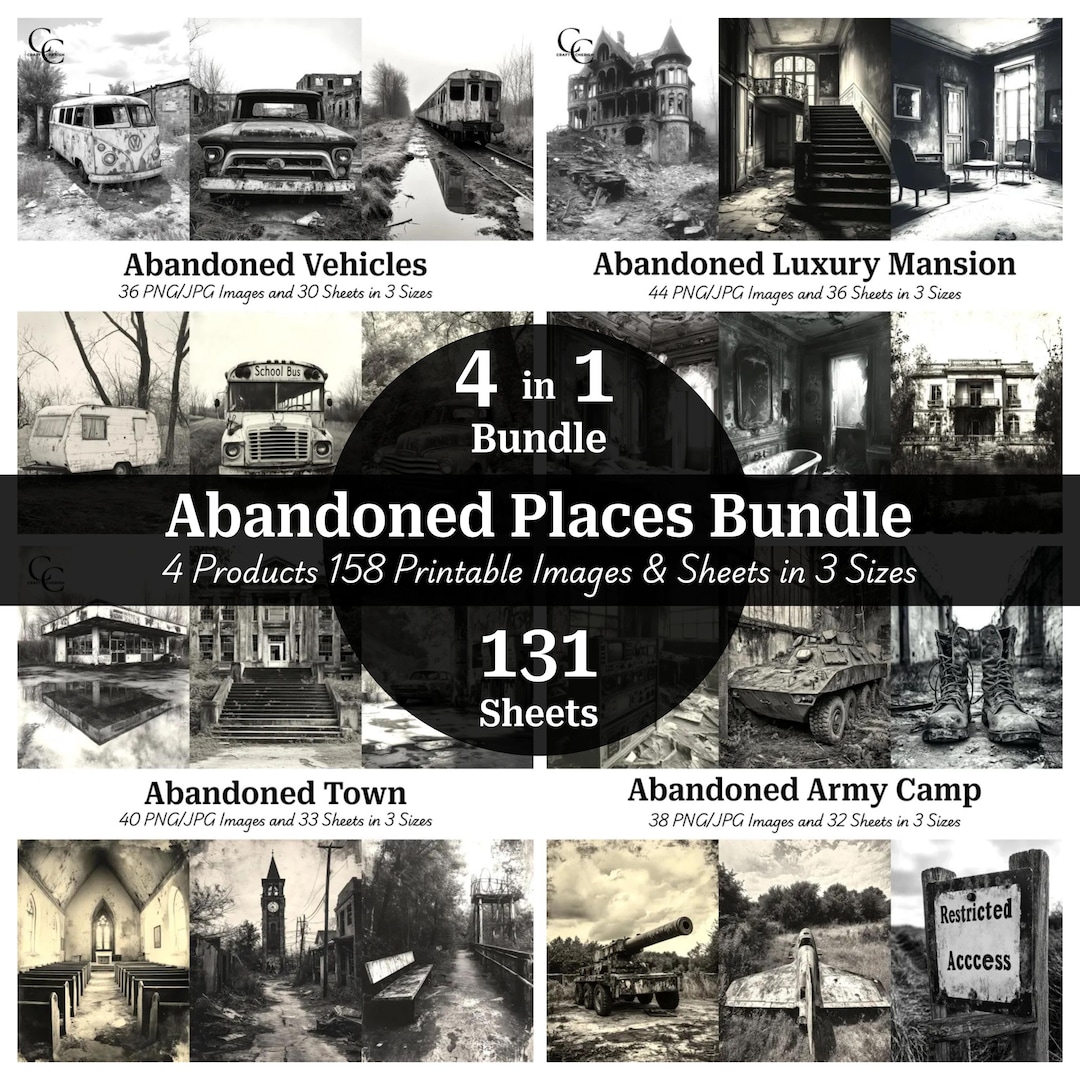 158 Abandoned Places Bundle, Town, Camp, Vehicle, and Mansion Printable Images Bundle, Paper ...