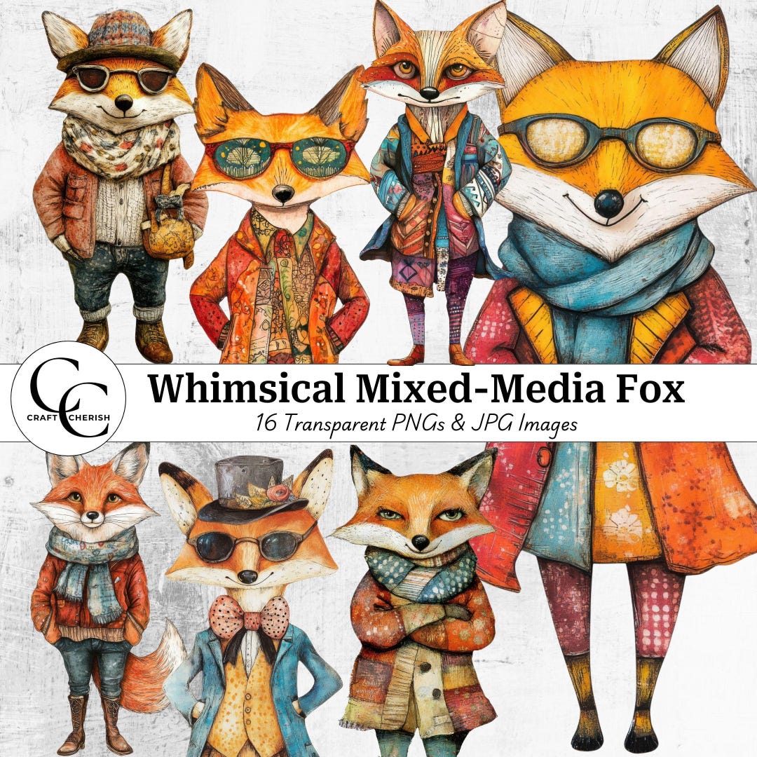 Whimsical Fox Portrait Pngs: Mixed-media Ephemera for Junk Journals ...