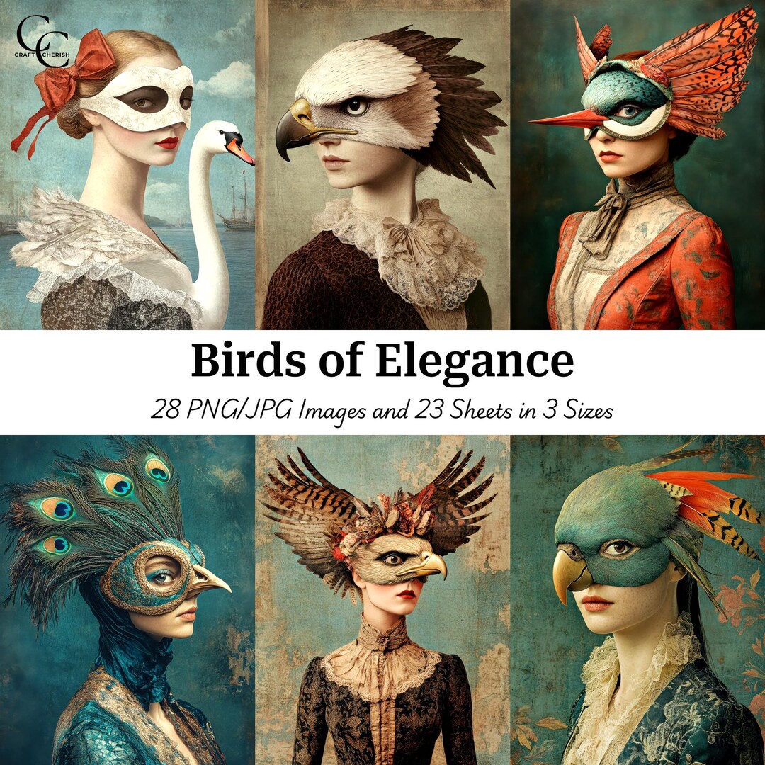 28 Whimsical Bird Masked Woman Portrait, Surreal Mixed-media, Avian ...