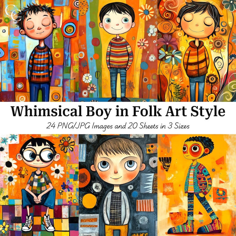 Folk Art Style Boy Clipart: Whimsical Digital Images (digital Download ...