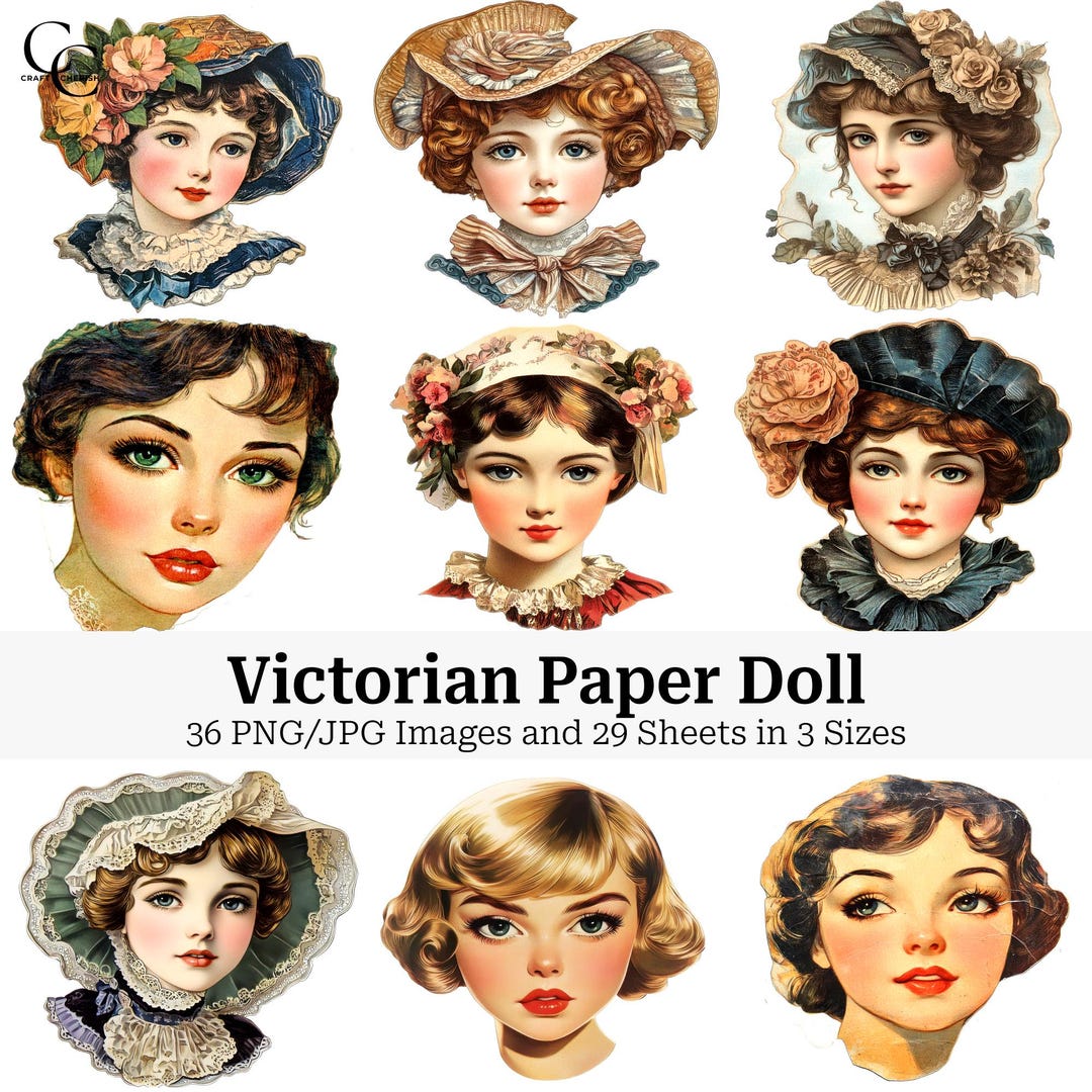 36 Victorian Paper Doll Head Art, Paper Doll Clipart, Vintage Ephemera ...