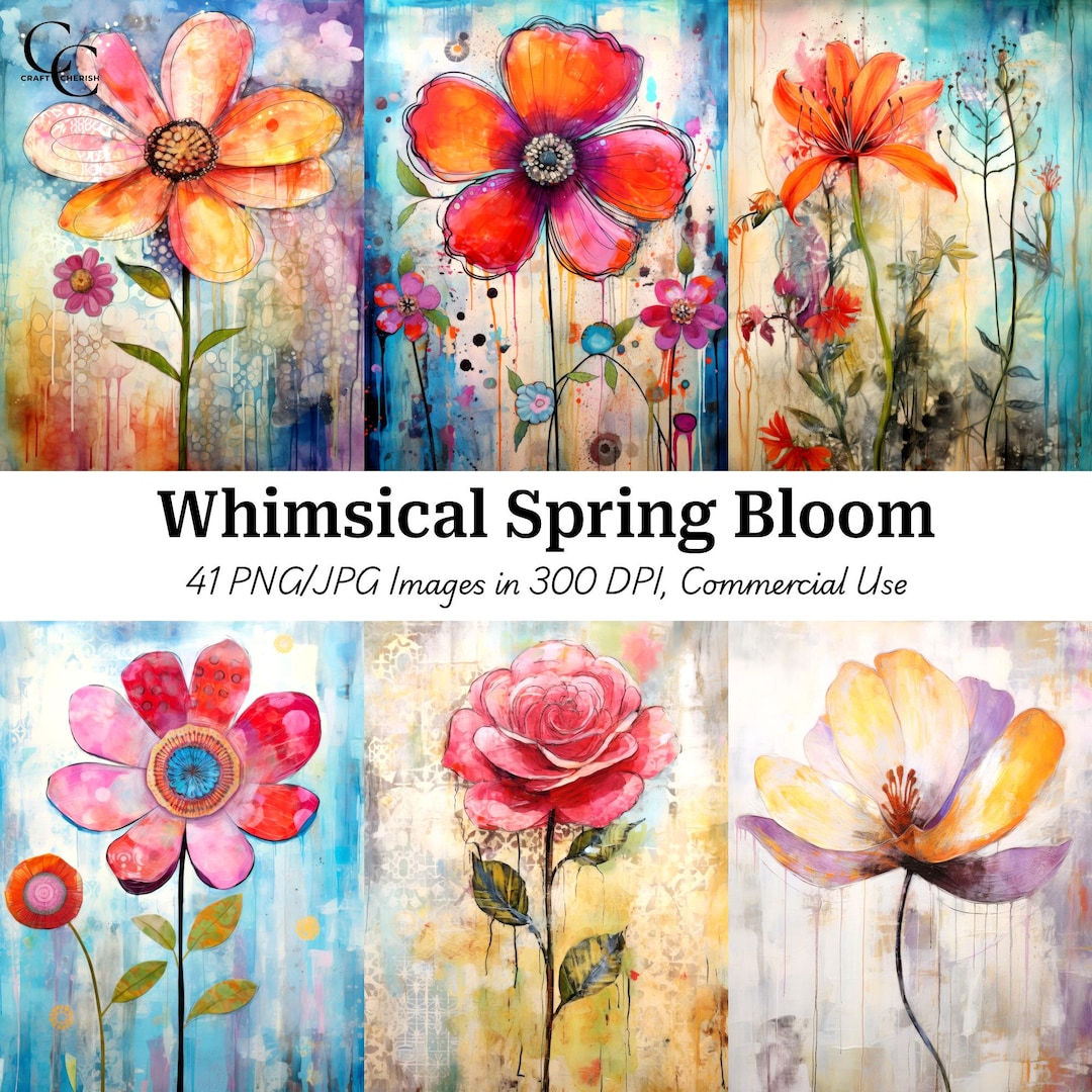Spring Flower Printable Images: Mixed Media Floral Art (digital ...