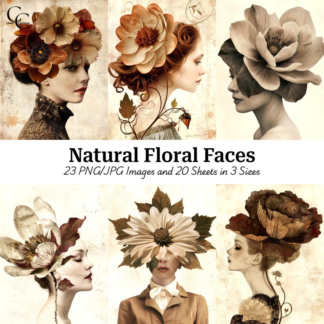 Floral Faces Printable Images: Beige Surreal Flower Art (digital ...
