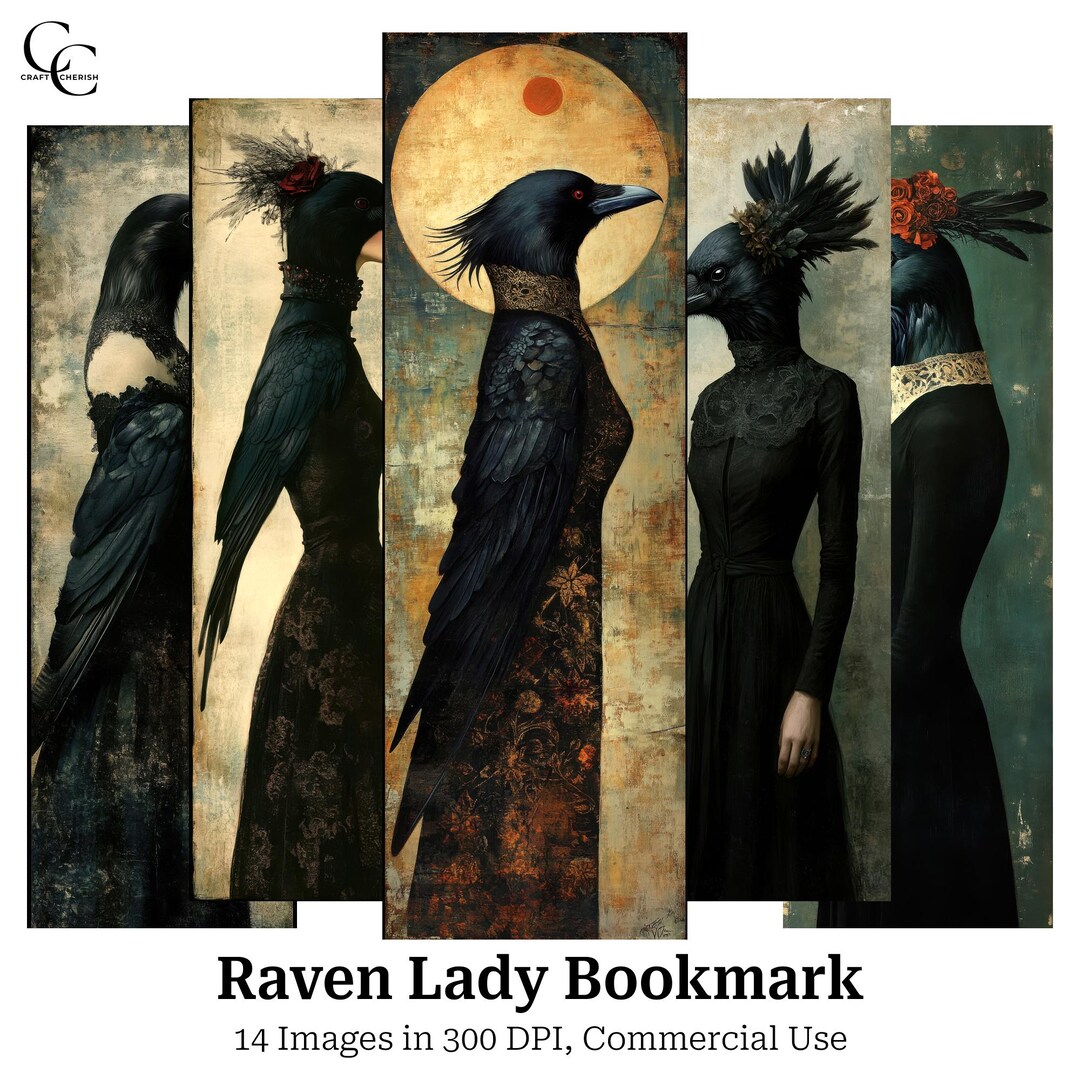 14 Raven Lady Bookmark Printable Images, Whimsical Surreal Art ...