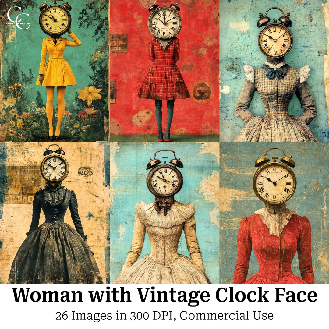 26 Vintage Whimsical Clock Face Woman Photos for Digital Scrapbooking ...
