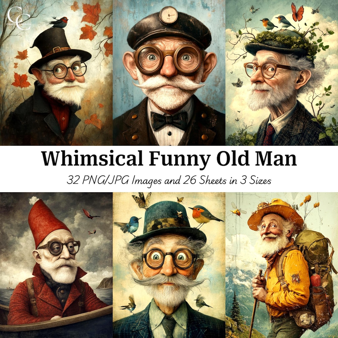 Whimsical Old Man Portrait Clipart: Funny Grandpa Images (digital ...