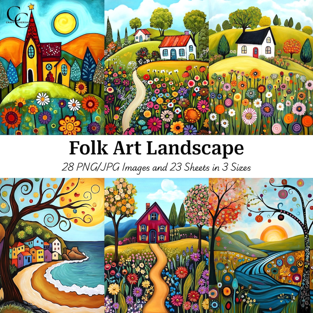Folk Art Mountain Village Images: Landscape Paper Craft (digital ...