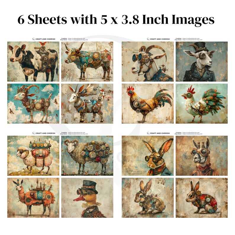 Steampunk Farm Animals Printable Images: Junk Journal Scrapbook ...