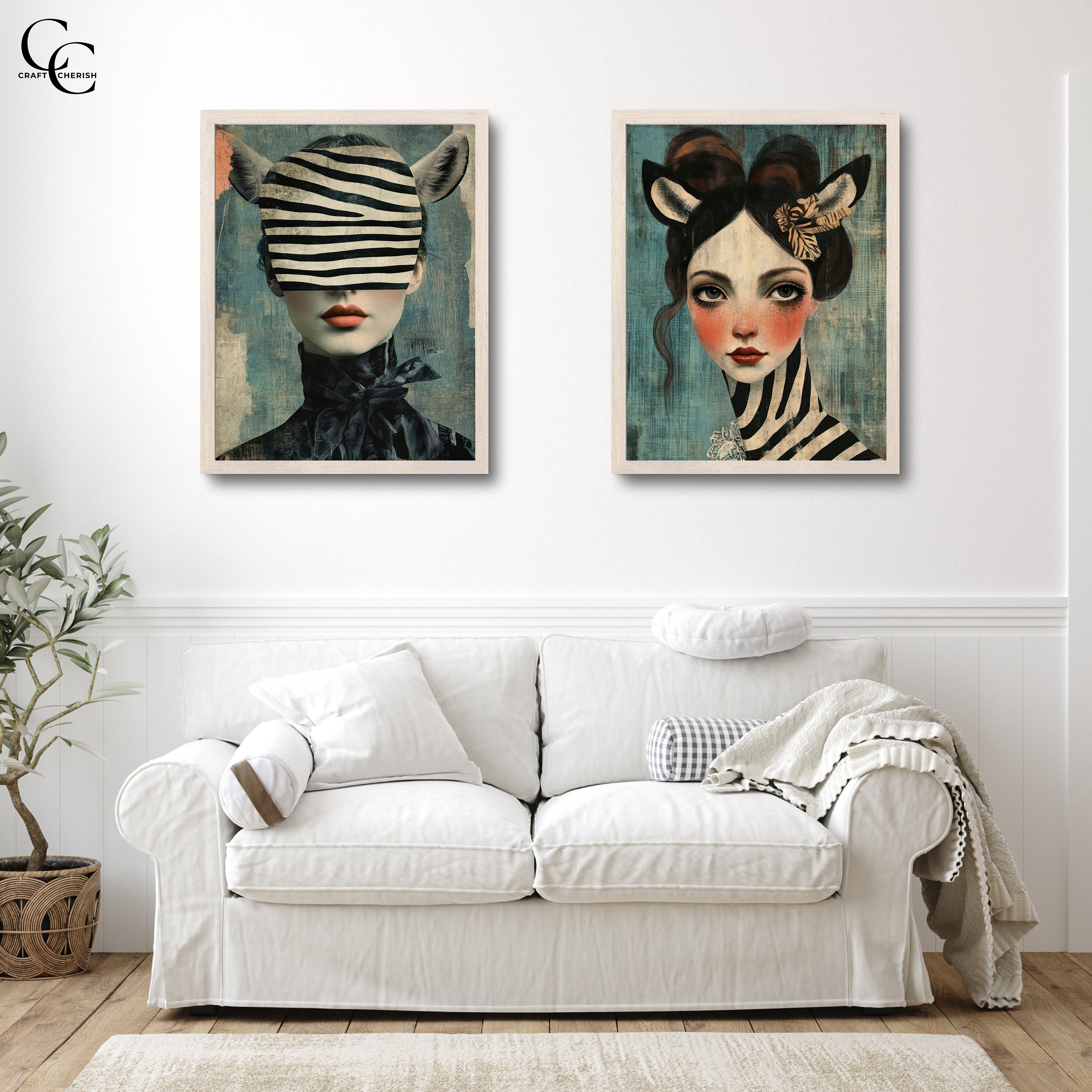 Surreal Zebra Woman Art: Whimsical Face Girl Images for Junk Journals ...