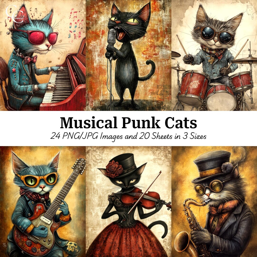 Musical Punk Cats Printable Art: Scrapbook & Journal Images (digital ...