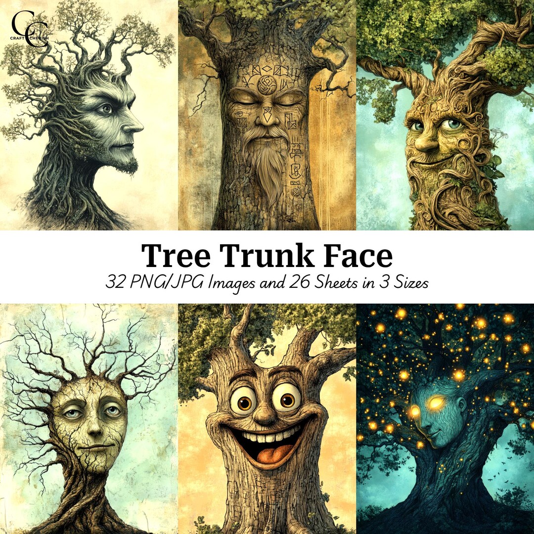 32 Whimsical Tree Trunk Face Printable Images, Tree Spirit Illustration ...