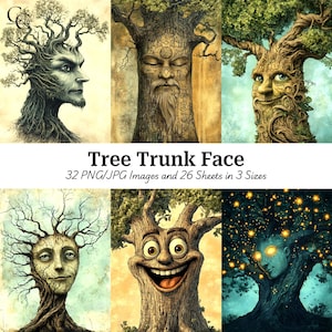 32 Whimsical Tree Trunk Face Printable Images, Tree Spirit Illustration ...