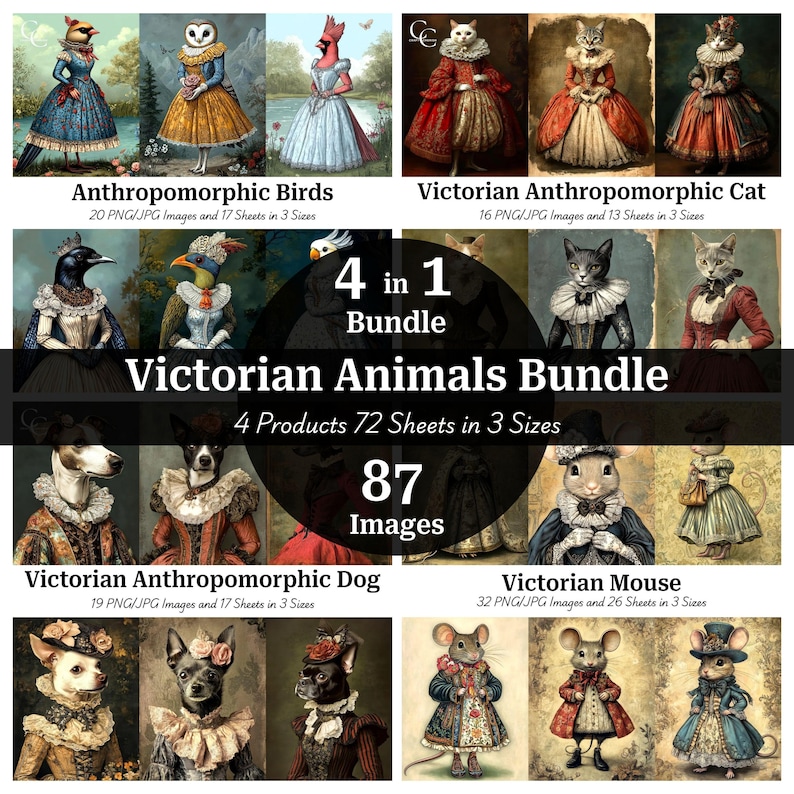 Victorian Animals Digital Art Bundle: Anthropomorphic Images for Junk ...
