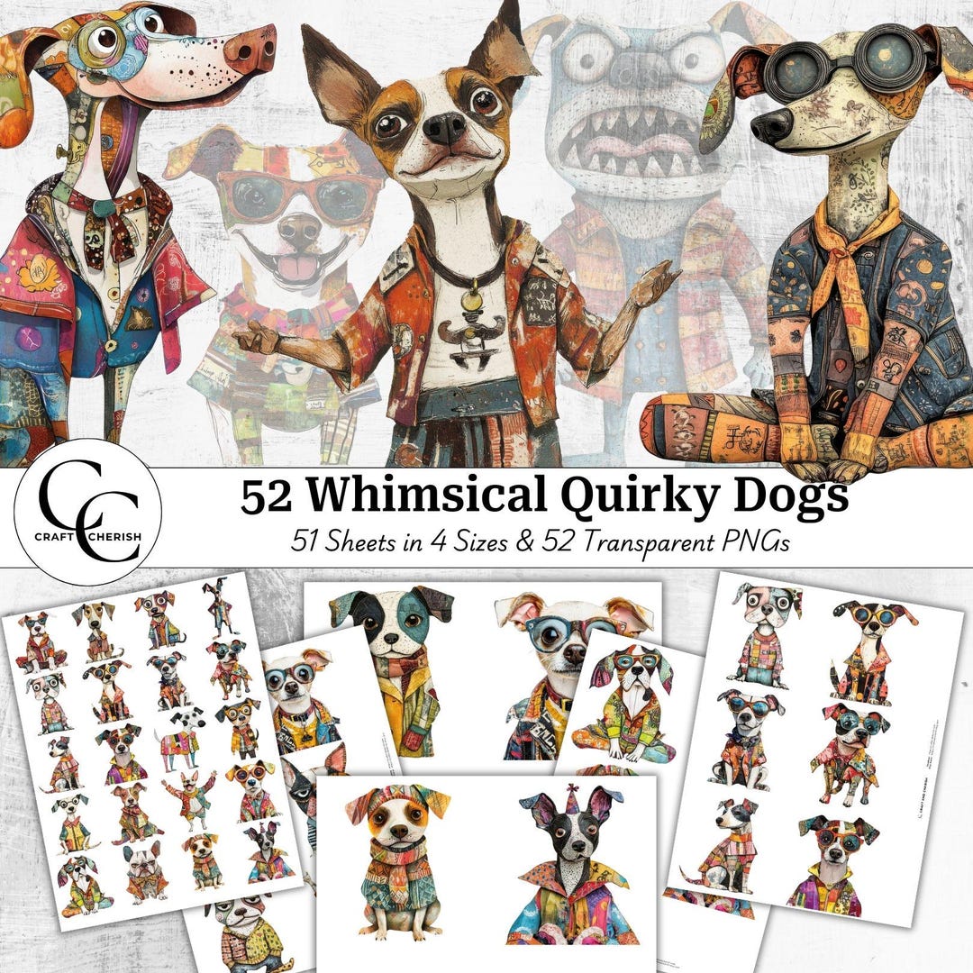 52 Whimsical Dog Ephemera: Mixed-media Collage, Junk Journal (digital ...