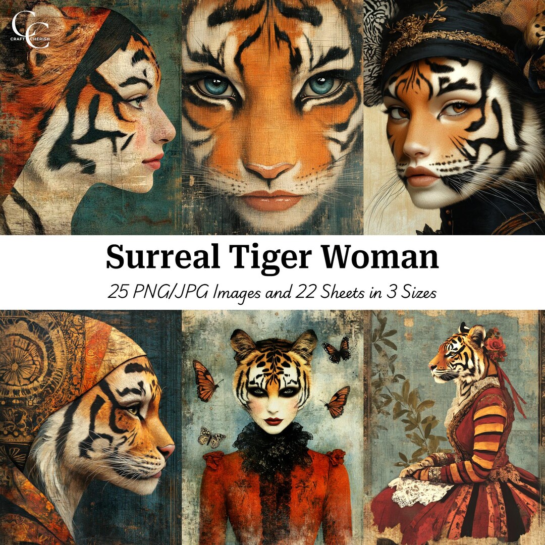 25 Tiger Face Woman Printable Images, Whimsical Surreal Tiger Head Lady ...