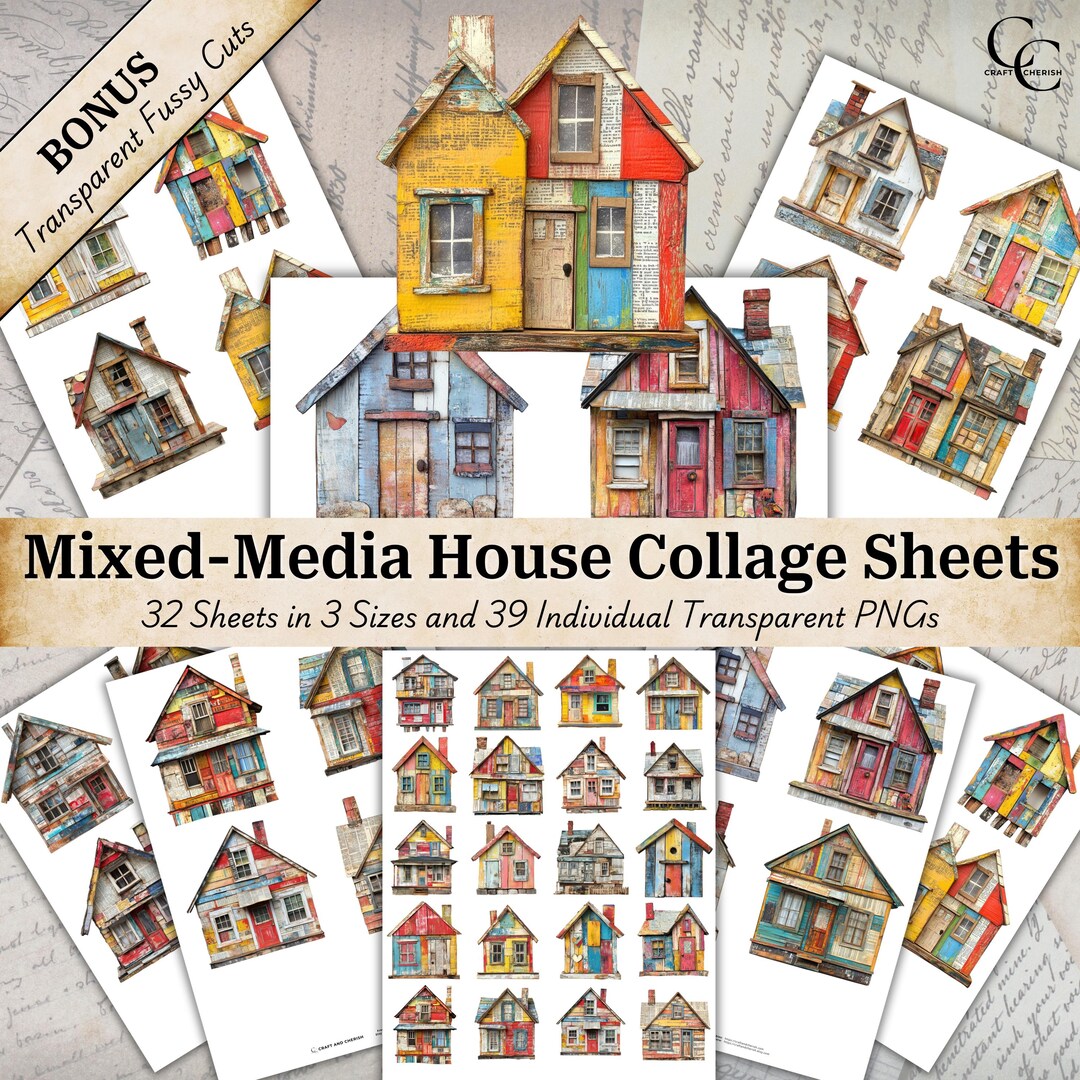 Mixed-media House Collage, Rustic Newspaper-textured House, Vintage ...