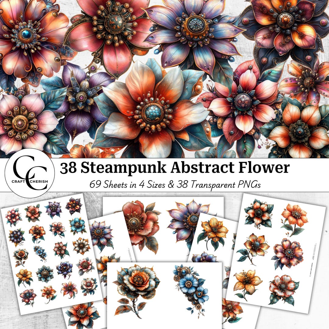 38 Steampunk Abstract Flowers, Fantasy Ephemera, Transparent Fantasy ...