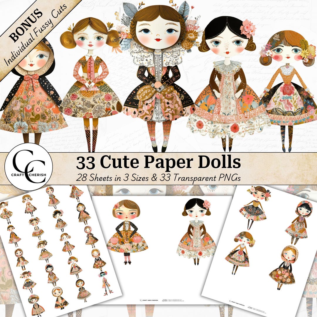 33 Cute Paper Doll Art, Hand-drawn Paper Doll Illustration Ephemera ...