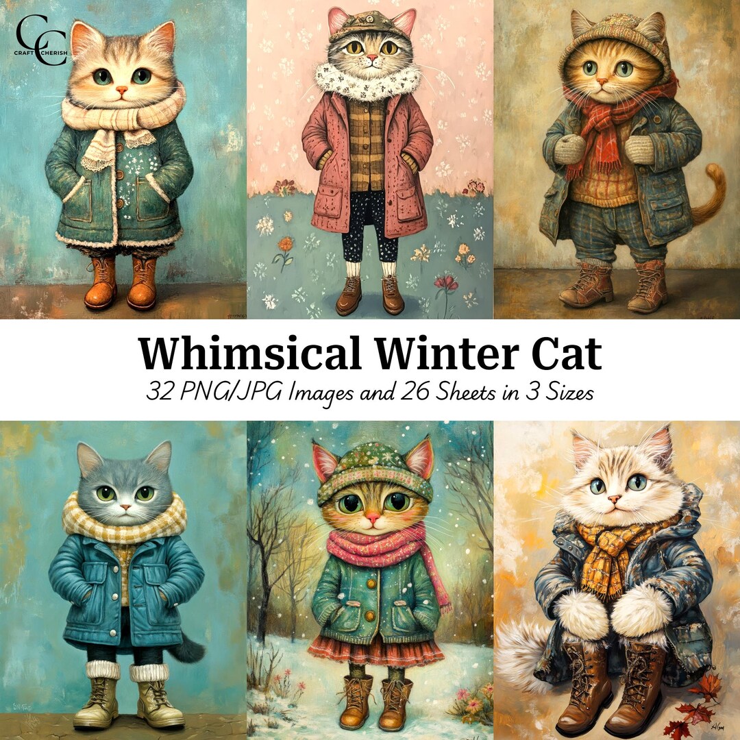 Winter Cat Art: Cozy Illustration Printables for Scrapbooking (digital ...