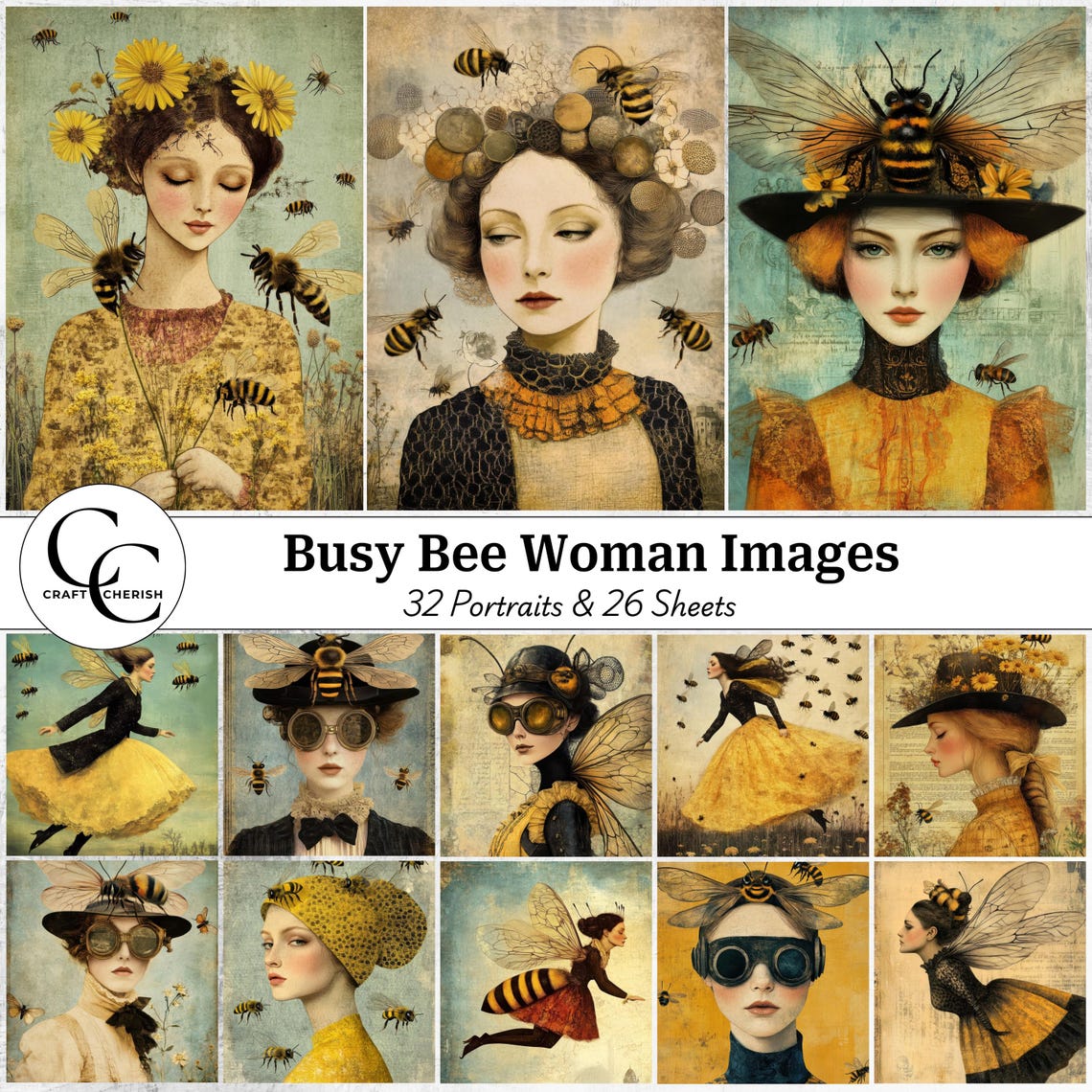 Bee Woman Digital Art: Surreal Ladies Images for Junk Journals (digital ...