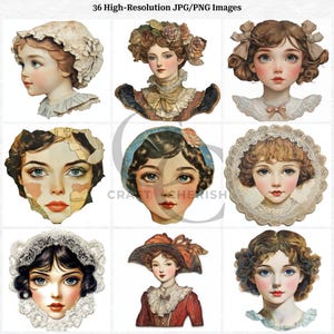 36 Victorian Paper Doll Head Art, Paper Doll Clipart, Vintage Ephemera ...