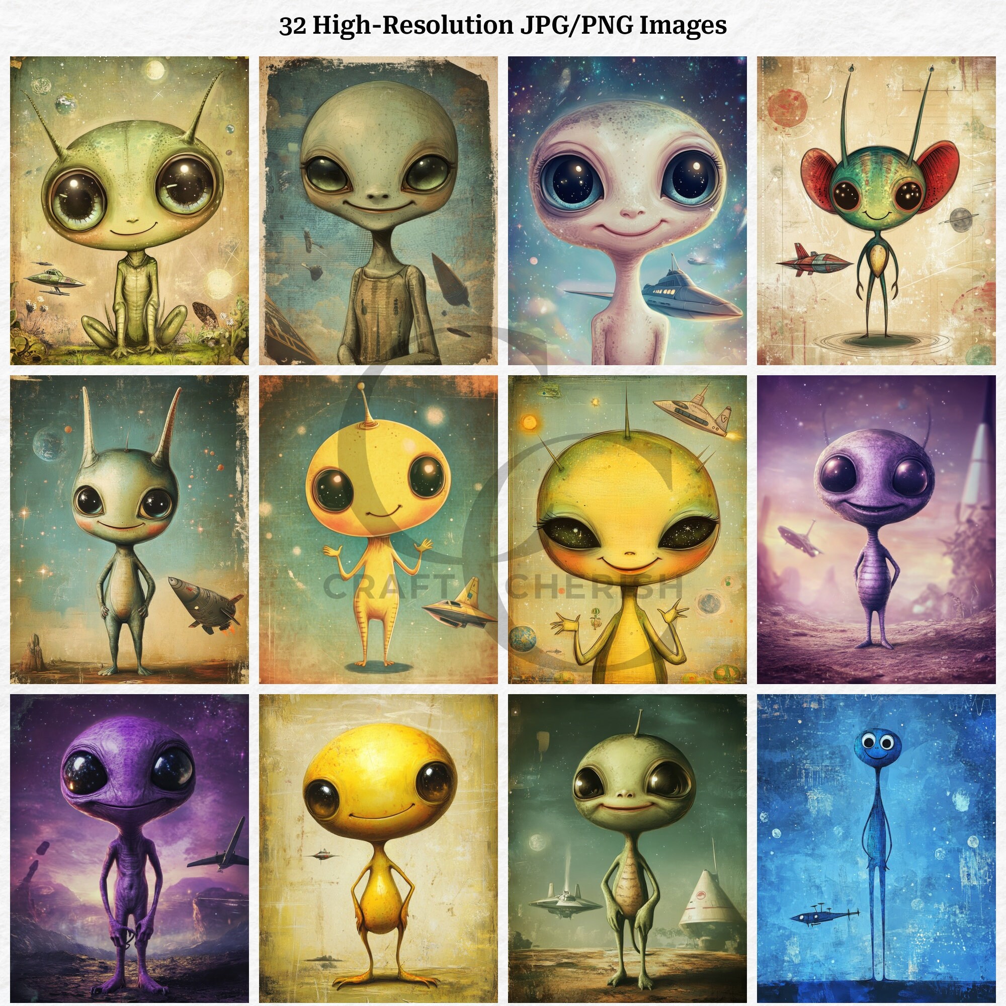 32 Cute Alien Clipart With Smiling Face, Space Ship Background ...