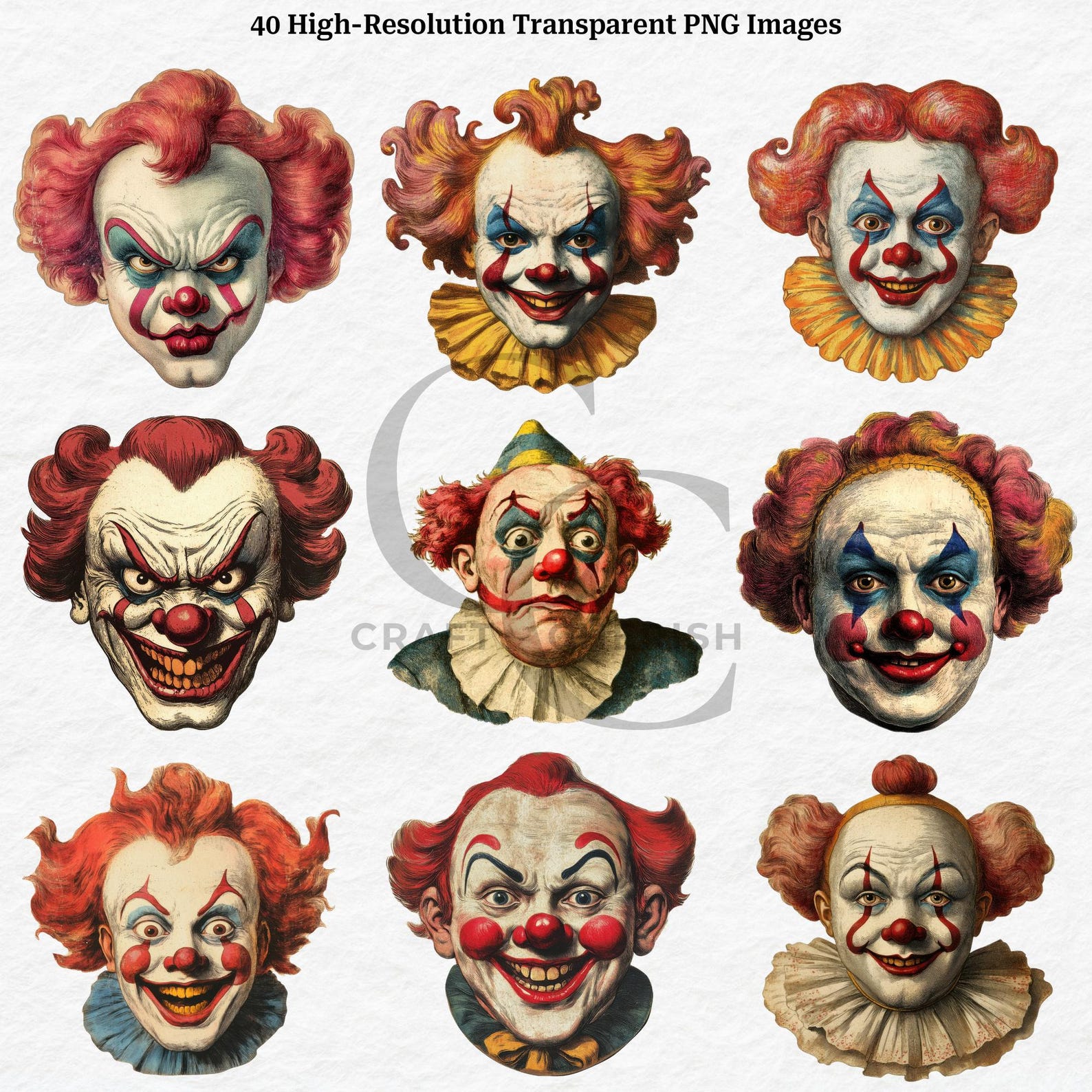 Vintage Clown Head Clipart, Ephemera Junk Journal PNG Bundle (digital ...