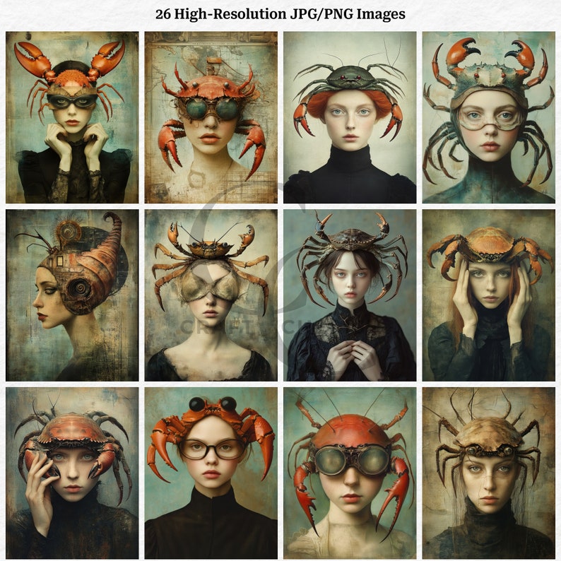 Surreal Crab Woman Digital Art: Whimsical Face Sea Creatures for Junk ...