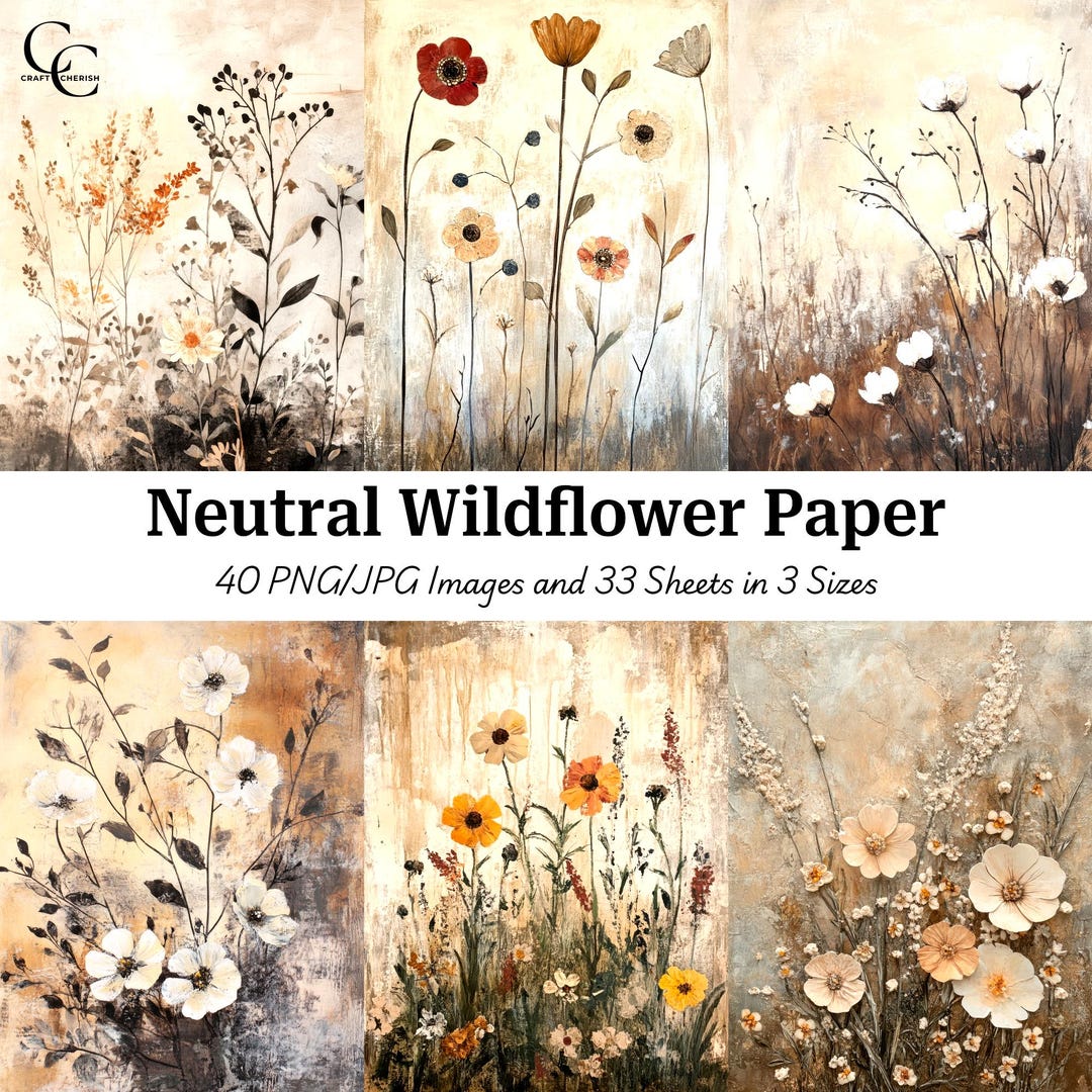 40 Neutral Wildflower Journal Papers in Vintage Colors, Papercraft ...
