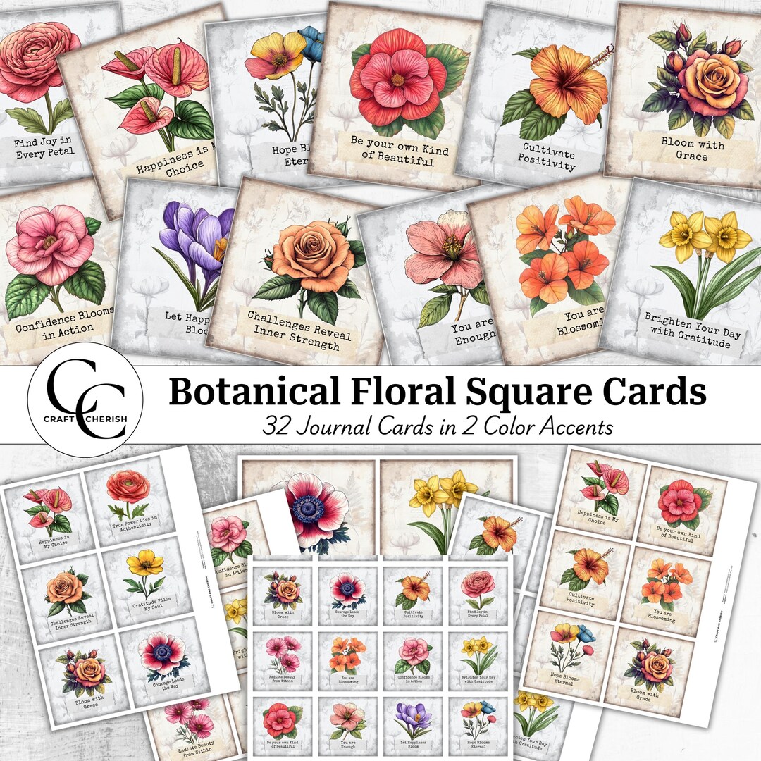 Botanical Floral Square Cards, Antique Botanical Illustration, Vintage ...