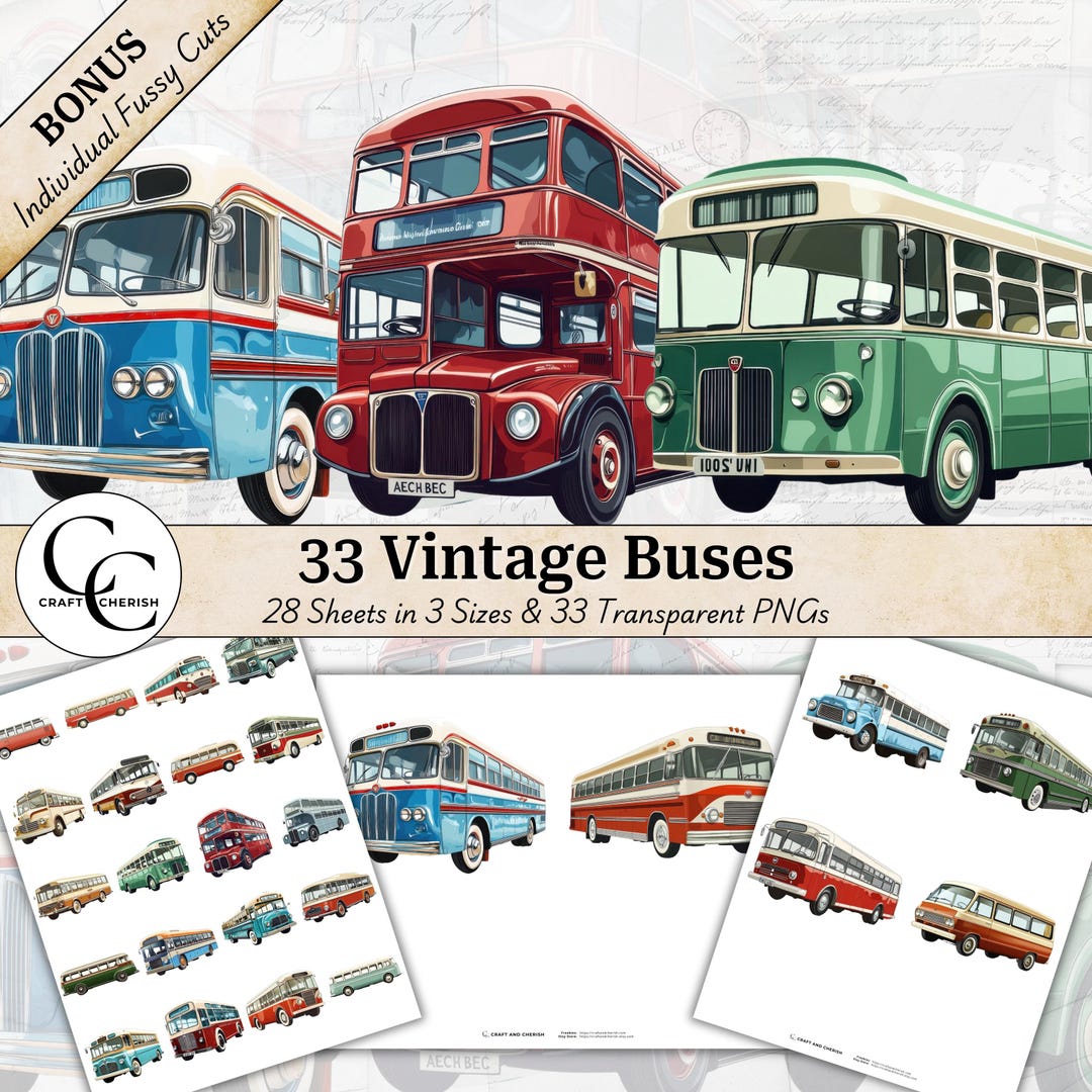 33 Vintage Bus Art, Hand-drawn Old Bus Illustration Ephemera Sheets ...