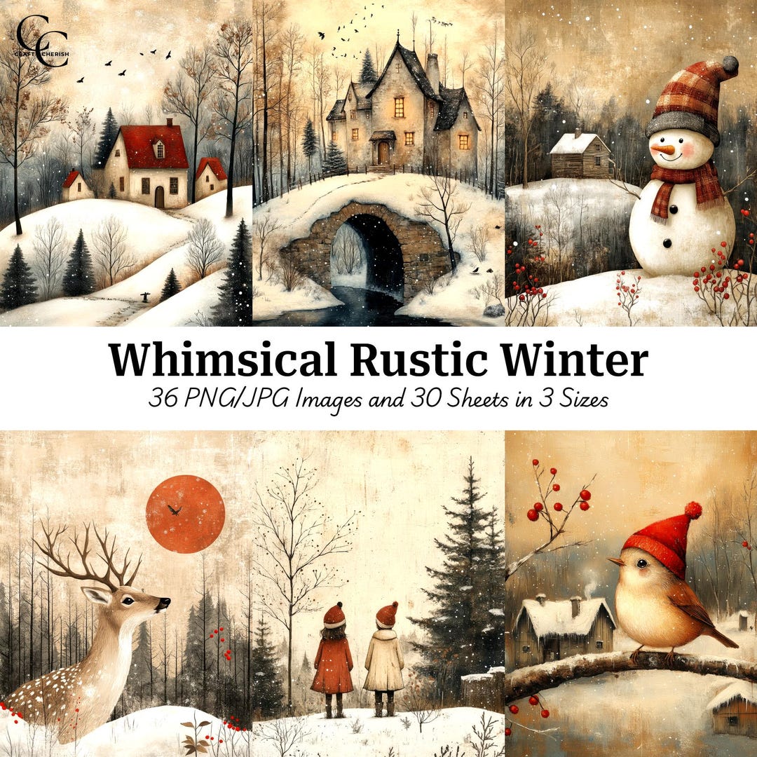 36 Whimsical Rustic Winter Landscape Illustrations, Soft Neutral ...