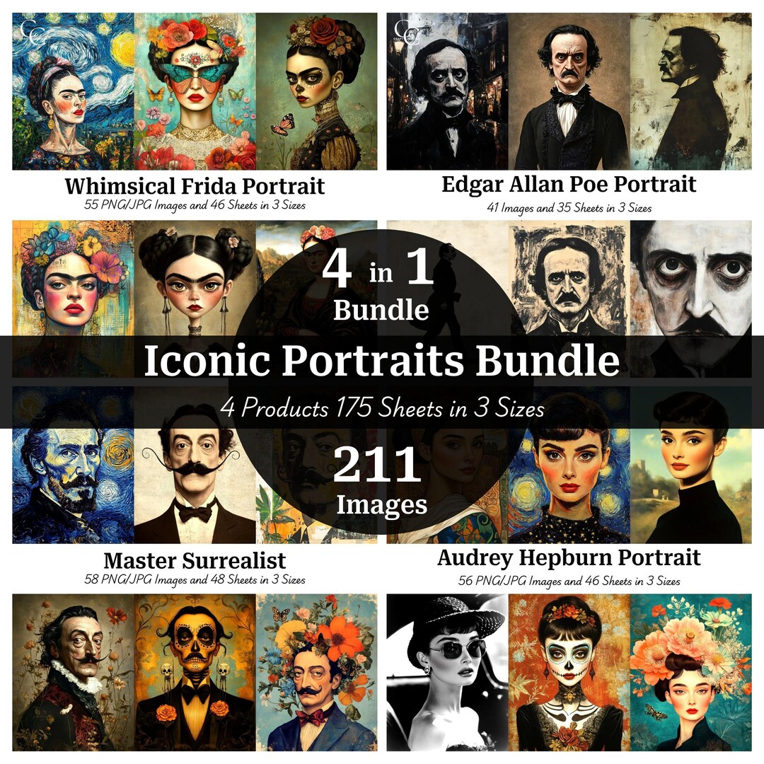 211 Iconic Portraits Bundle, Frida Kahlo, Salvador Dalí, Edgar Allan ...
