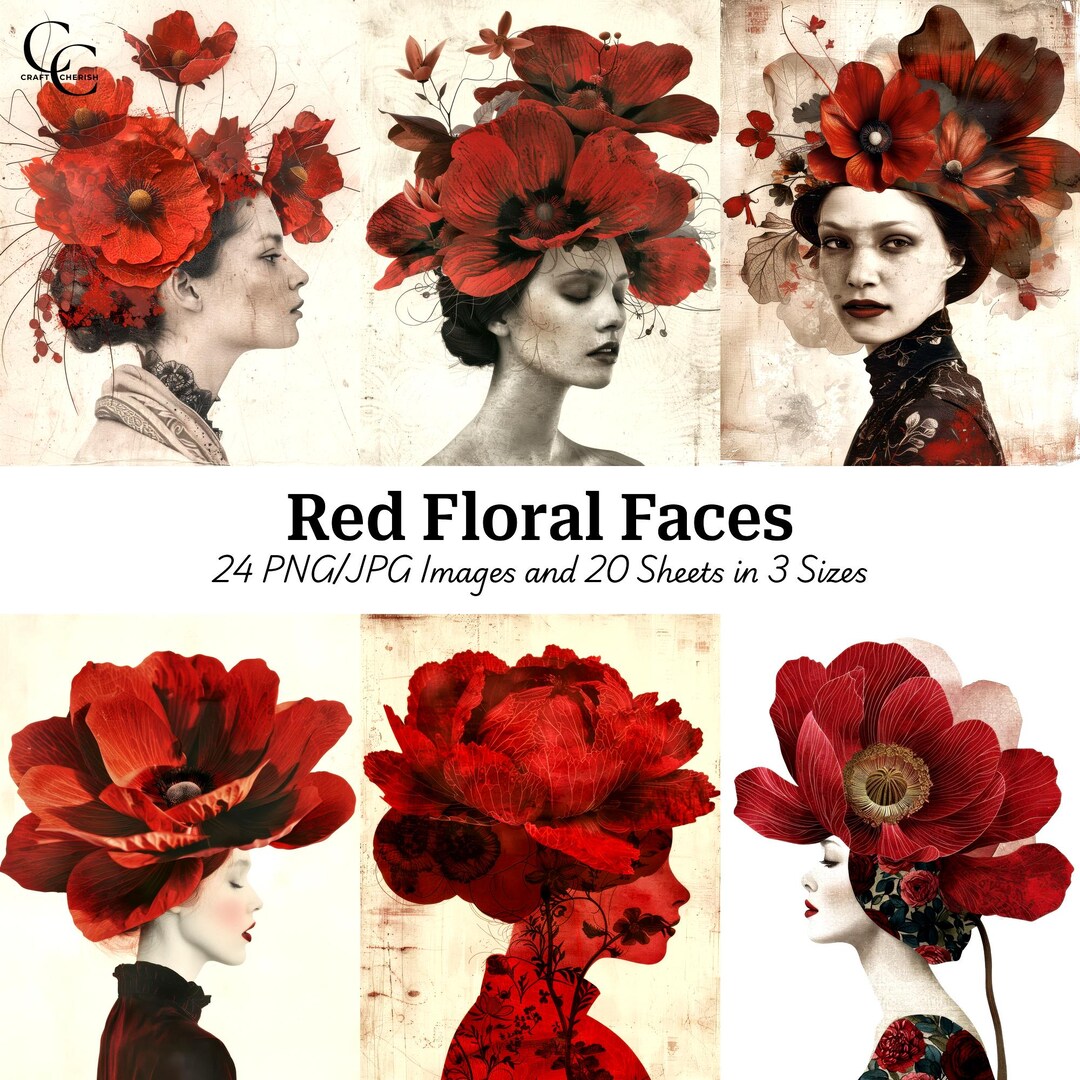 24 Women With Red Flower Face Printable Images, Surreal Floral Head ...