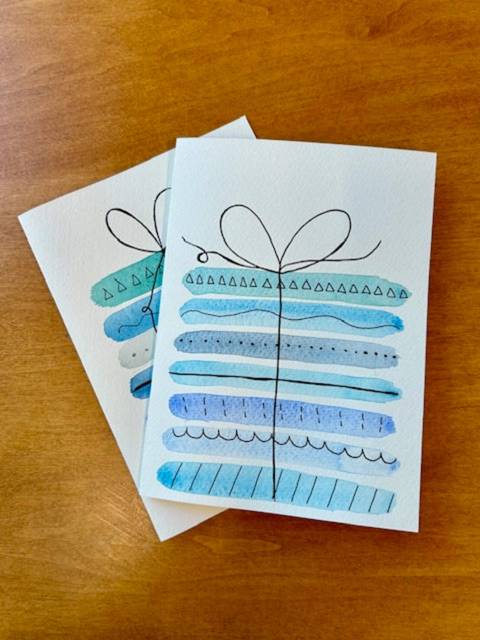 Watercolor Birthday Card, Blue Present Design With Bow, Kids B-day ...