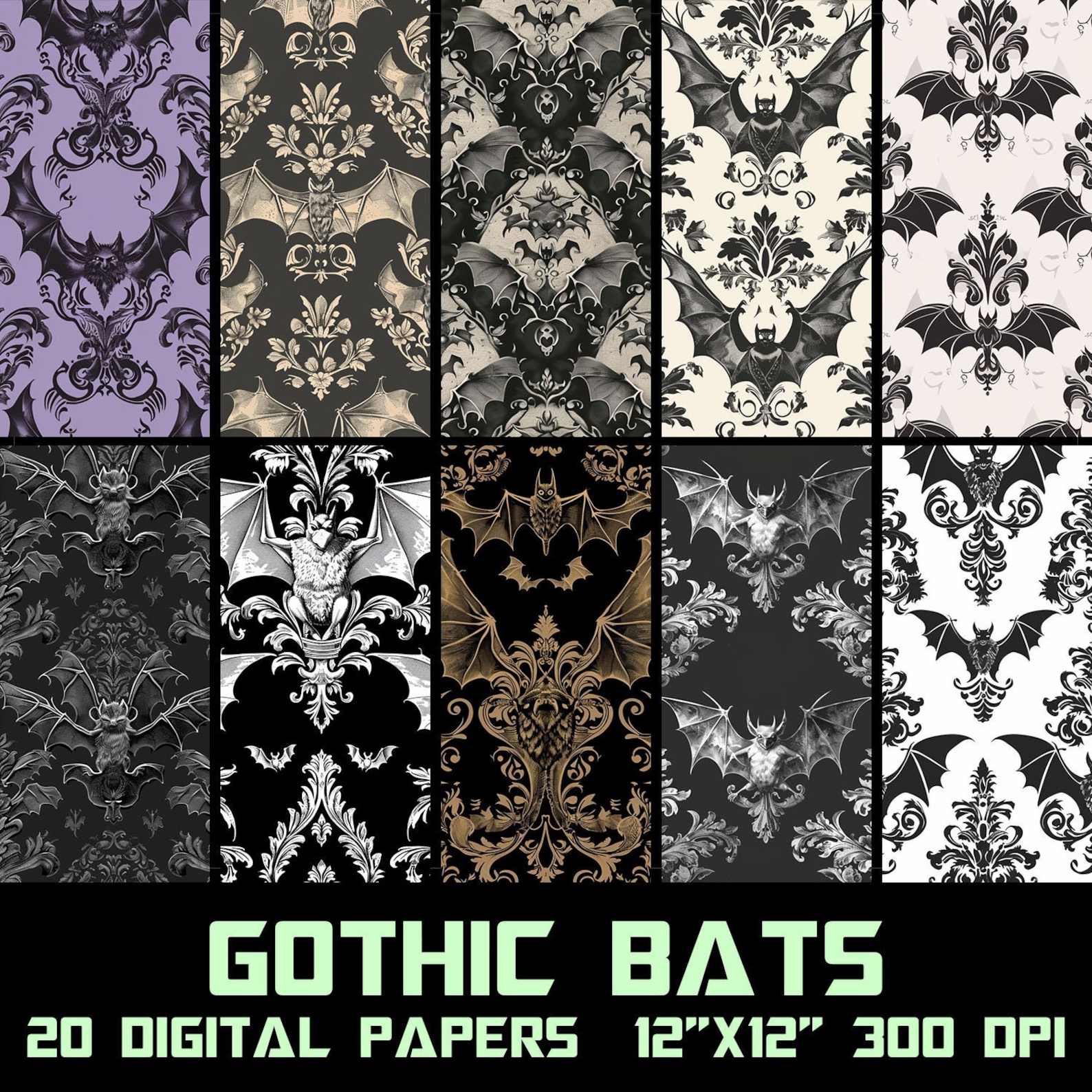 Gothic Bats Victorian Damask Digital Paper - Etsy