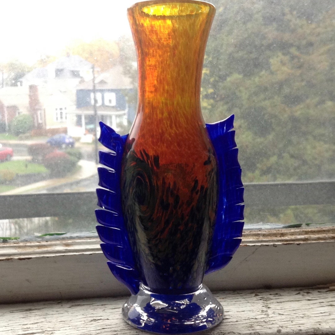 Handblown Art Glass Vase With Wings and Waves Almost 9" Tall - Etsy