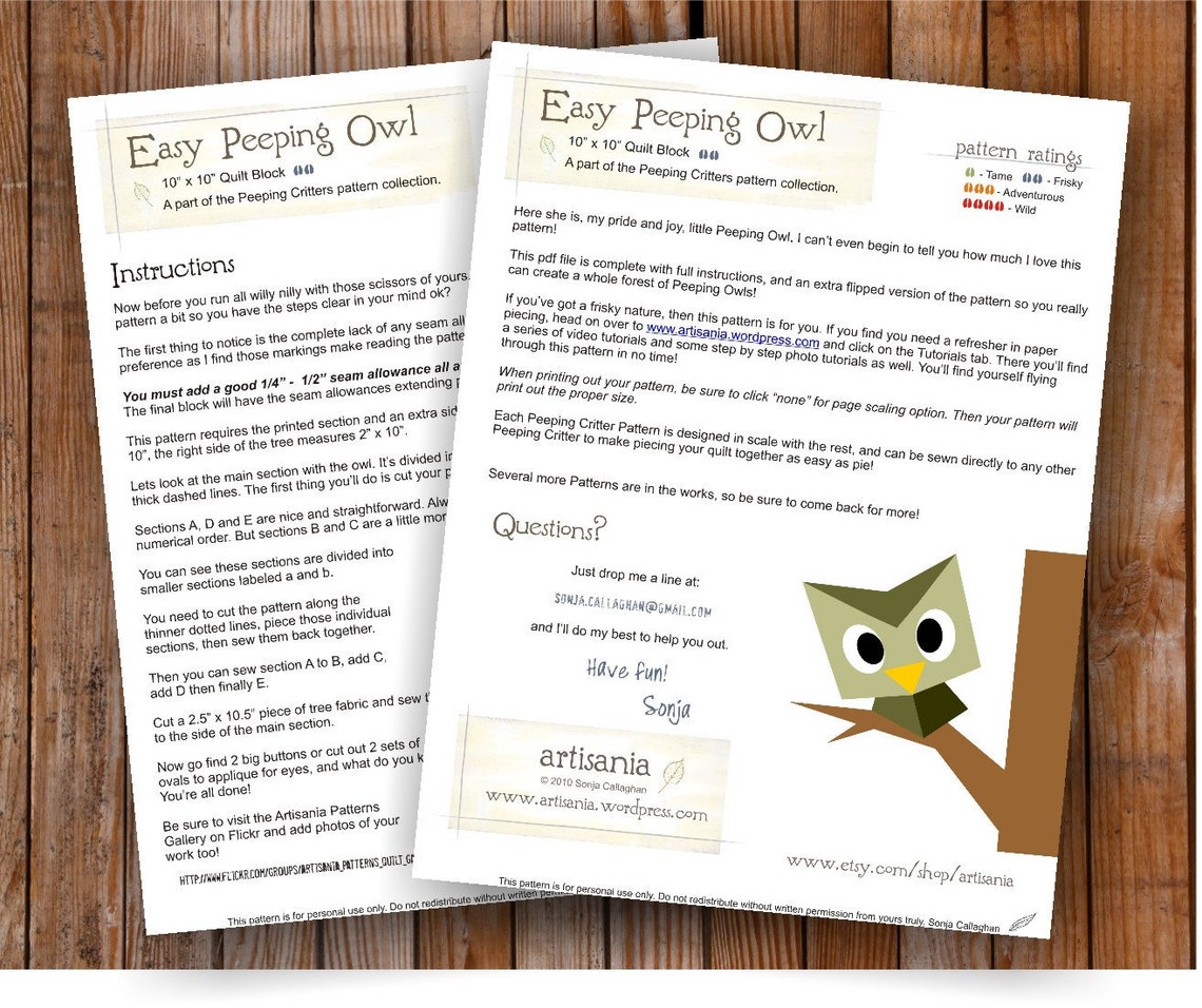 Easy Peeping Owl 10 X 10 Quilt Block Pattern - Etsy