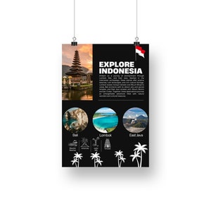 Explore Indonesia, Travel Poster. Beautiful Beaches, Volcanoes, Temples ...