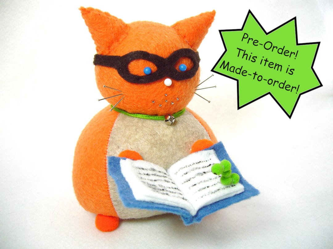 PRE-ORDER Book Reading Cat, Orange Cat Pincushion, Book Loving Cat ...