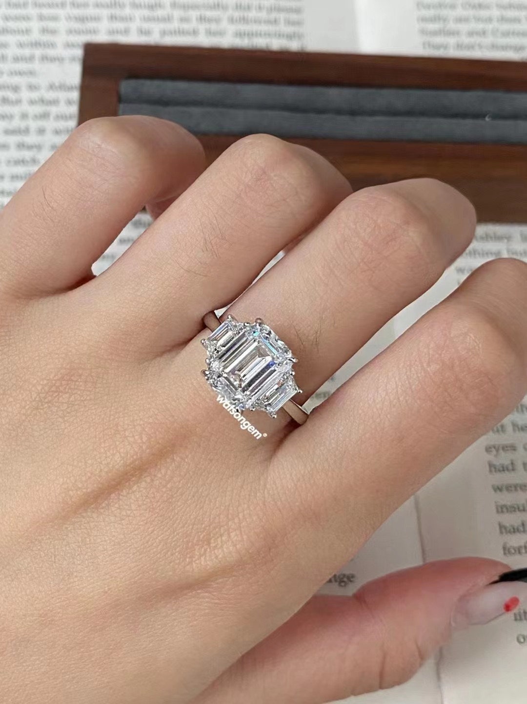 4 Carat Emerald Cut Lab Grown Diamond Ring, 3 Stones Ring, 18k Gold ...
