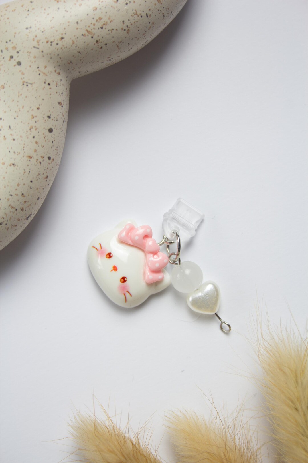 Cute Pink Kitten Bear USB-C Dust Plug With Beaded Heart Charms Adorable ...