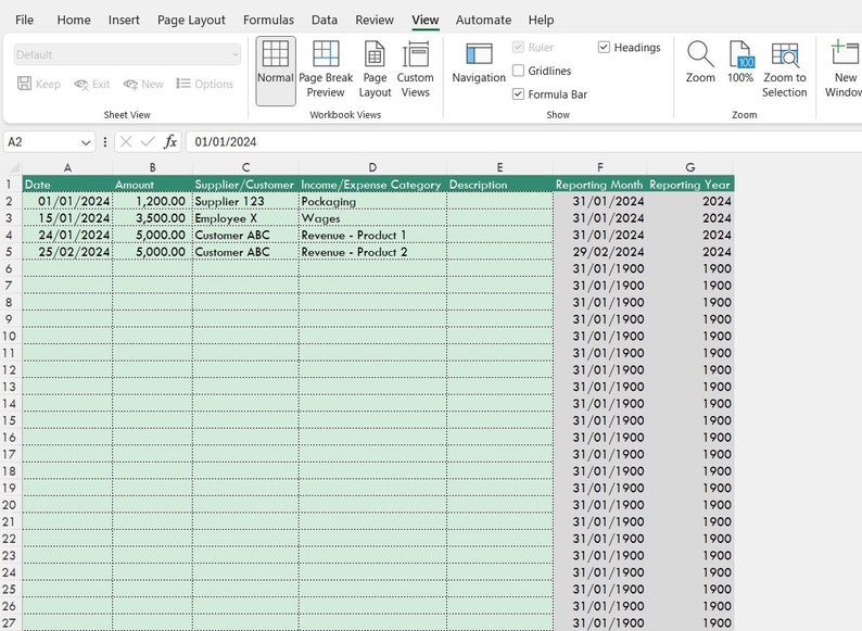 Profit & Loss Excel Editable and Printable Template, Simple Bookkeeping ...