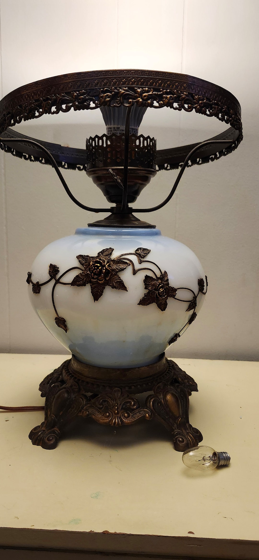 MCM Blue Carl Falkenstein Hollywood Regency Hurricane Lamp With Copper ...