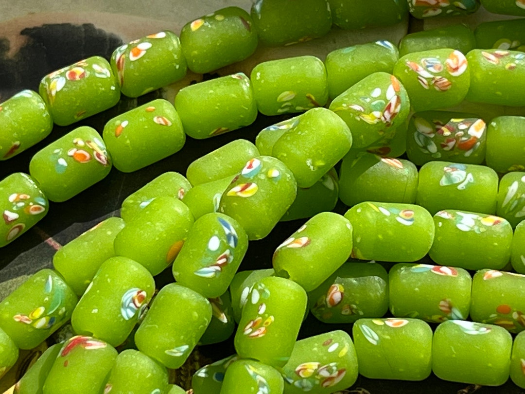 20 Handmade Japanese Lime Green Frosted Millefiori Tibe Glass Beads 9 ...