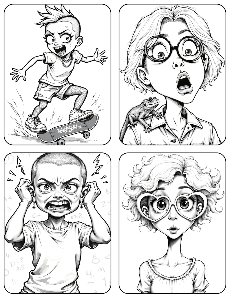 Quirky Girl Coloring Pages: Funny Portrait Art (printable PDF) - Etsy