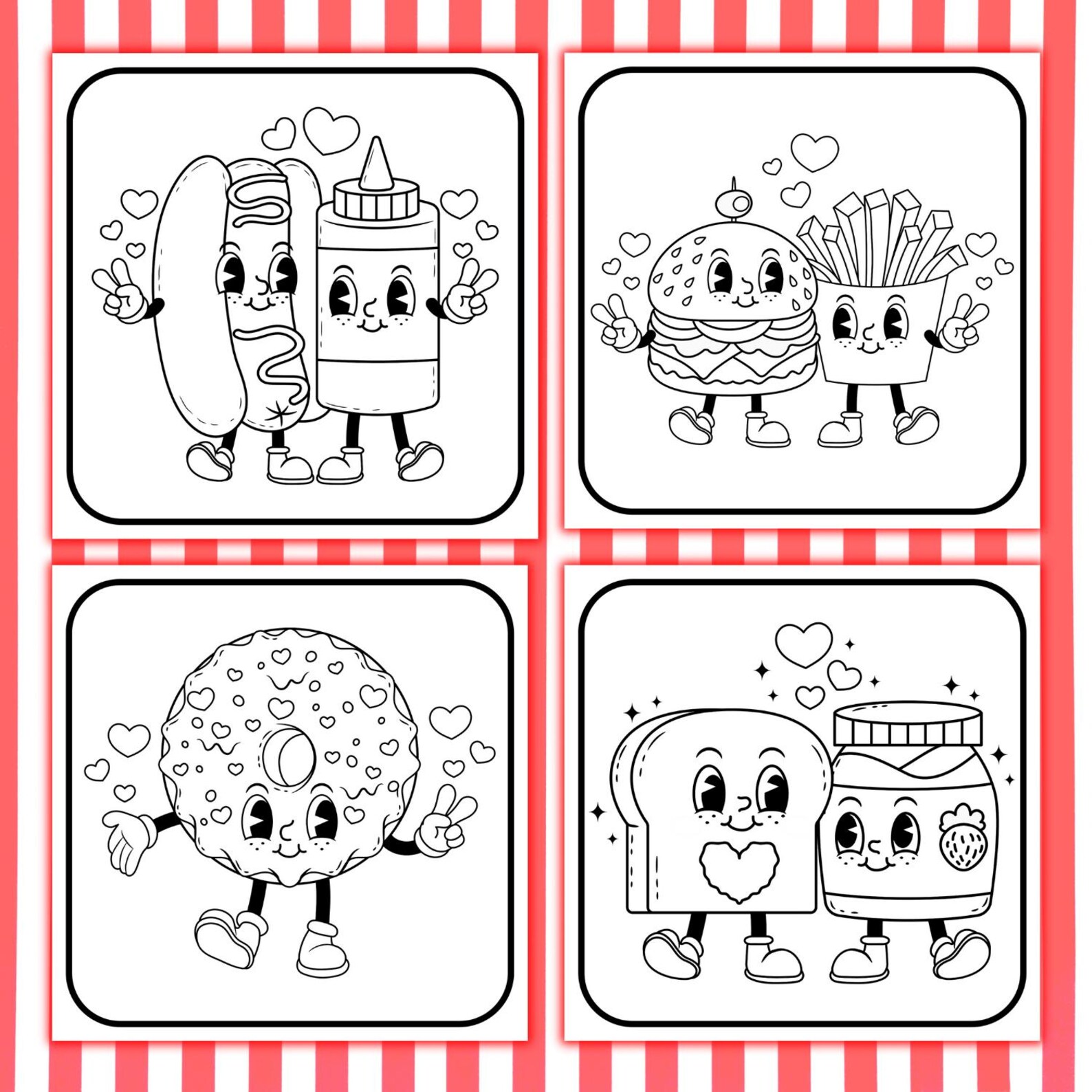 Retro Foodie Valentine's Day Coloring Pages (PDF) - Etsy