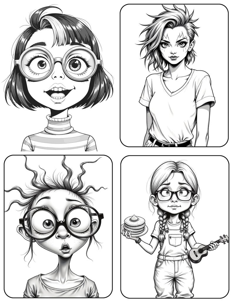 Quirky Girl Coloring Pages: Funny Portrait Art (printable PDF) - Etsy