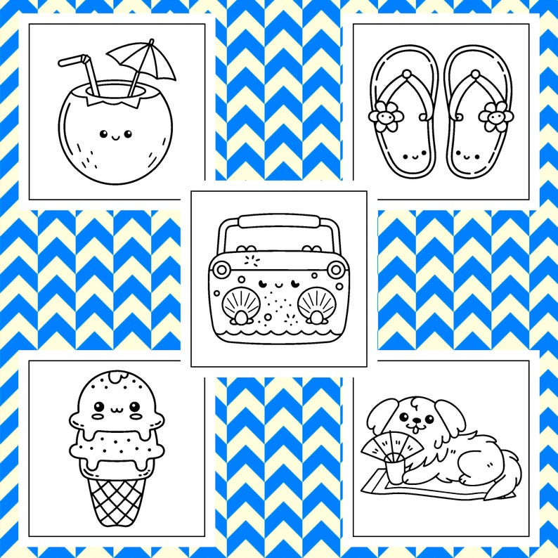 20 Cute and Easy Summer Coloring Pages, Fun Kawaii Line Art, Printable ...