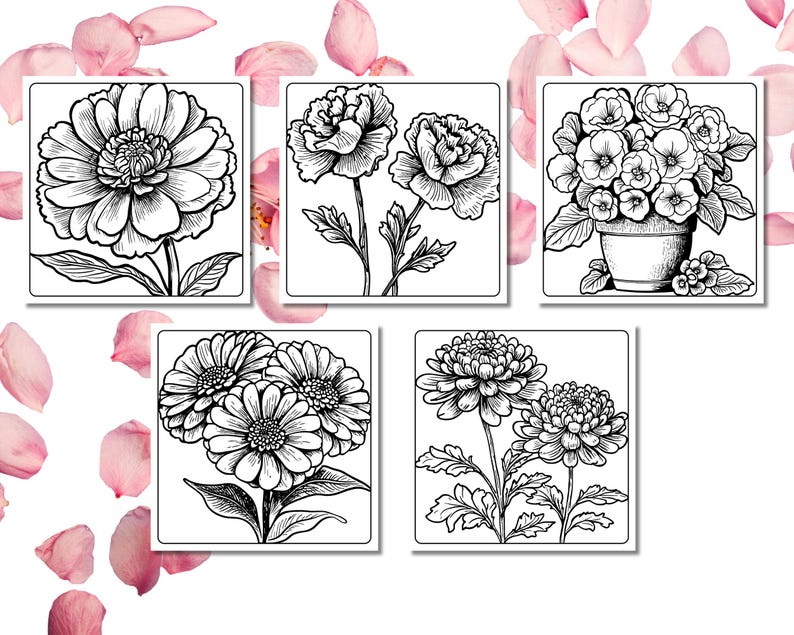 25 Assorted Flower Coloring Pages, Relaxing Adult Coloring, Assorted ...